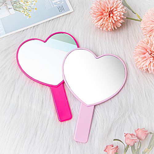 TOPYHL 2PCS Heart-Shaped Makeup Hand Mirror,Travel Handheld Mirror Portable Personal Cosmetic Mirror with Handle (Pink and Rose red)