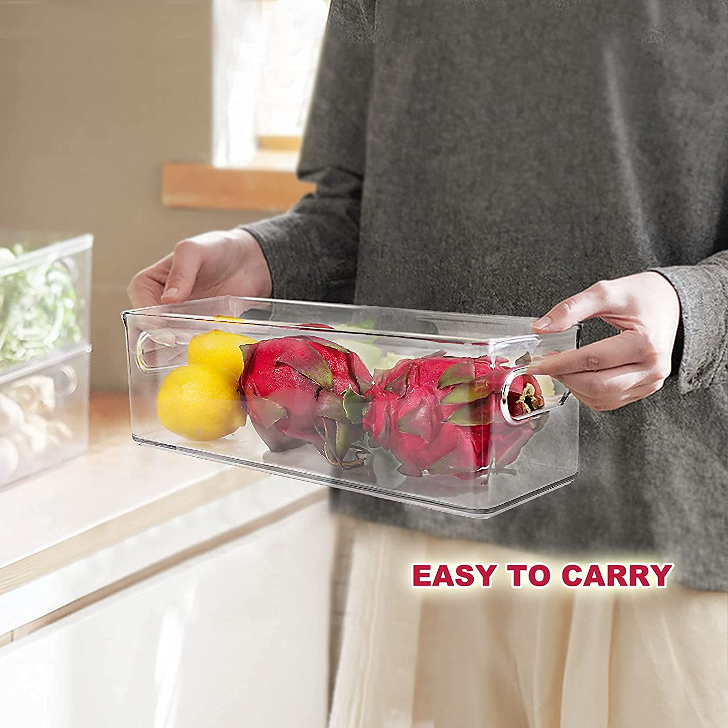 Refrigerator Organizer Bins with Pull-out Drawer, Large Stackable Fridge Drawer Organizer Set with Handle, BPA-free Drawable Clear Storage Cases for Freezer, Cabinet, Kitchen, Pantry Organization