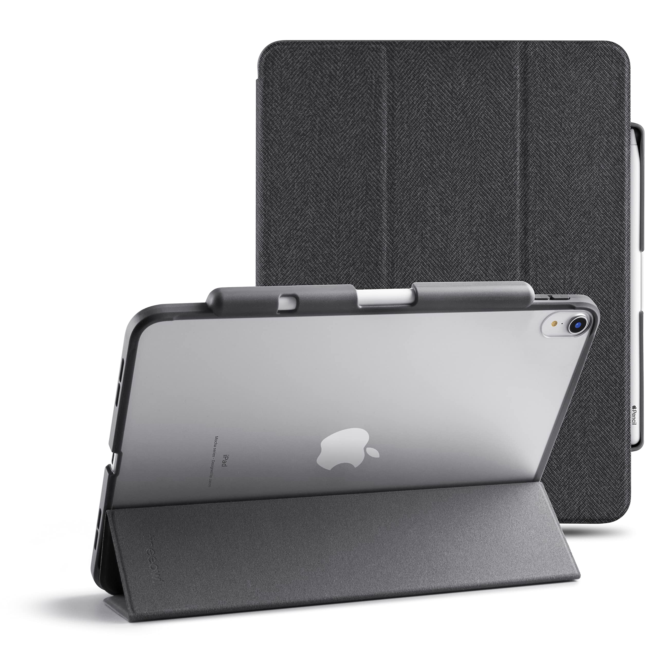 TineeOwl Mocha iPad Air M2 (2024), iPad Air 5/4 Case (2022,2020) 5th/4th Generation 10.9 Ultra Slim Matte Case with Pencil Holder + Tri-fold Smart Cover, Absorbs Shock, Lightweight (Black)