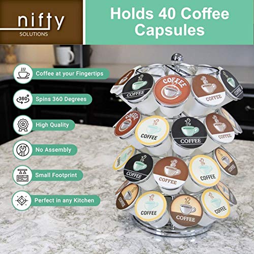 Nifty K Cup Holder – Compatible with K-Cups, Coffee Pod Carousel | 40 K Cup Holder, Spins 360-Degrees, Lazy Susan Platform, Modern Chrome Design, Home or Office Kitchen Counter Organizer