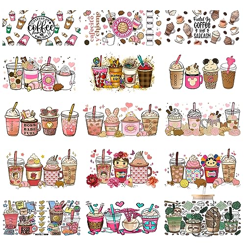 ArtCentury UV DTF Cup Wrap, 15 Sheets Cup Theme Rub on Transfers for Crafting 16OZ Libbey Glass Cups Wrap Transfer Stickers Decals Waterproof Crafts Vintage UV DTF Cup Wrap