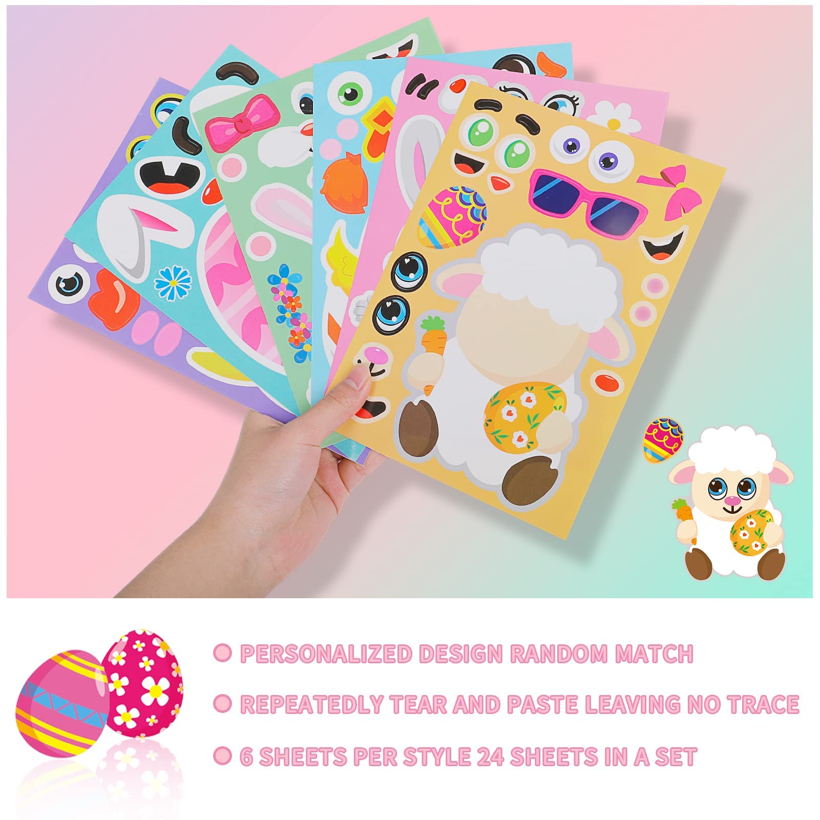 GonLei 24 Sheets Easter Crafts for Kids Ages 3-5,Easter Stickers Make Face,Easter Toddlers Activities Basket Stuffers,Classroom Craft Party Games Favors