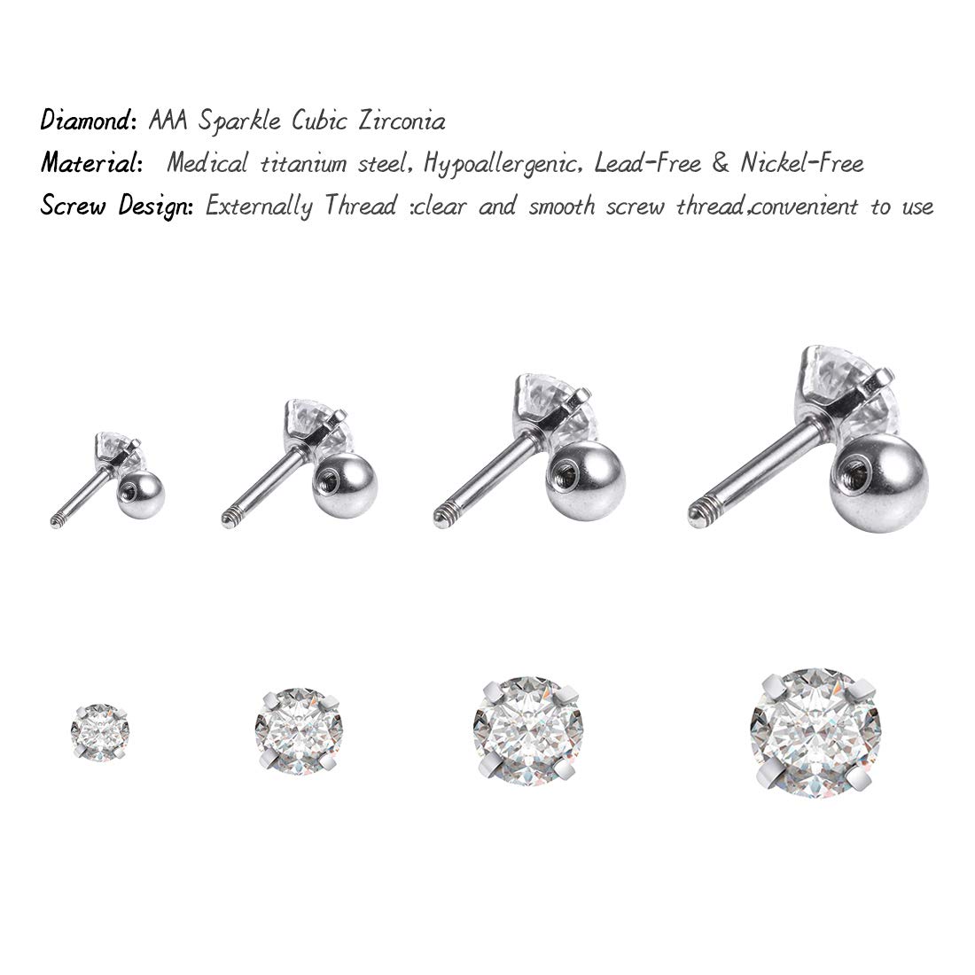 8pcs Cartilage Earrings Stud Sets with Cubic Zirconia,16G Surgical Steel Helix Earrings Piercing Jewelry,2mm-5mm,Silver