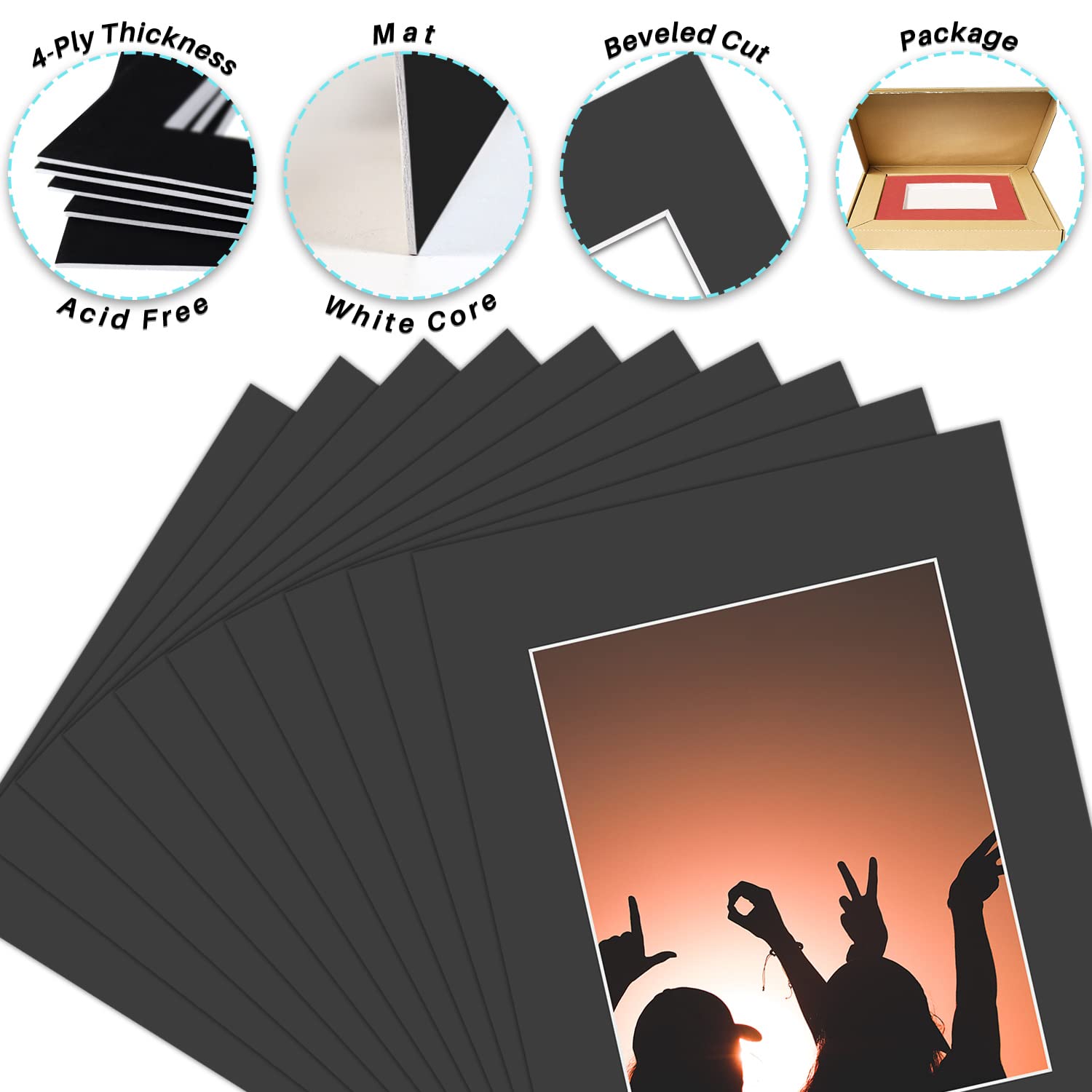 Golden State Art, Acid Free, Pack of 10 11x14 Black Picture Mats Mattes with White Core Bevel Cut for 8x10 Photo