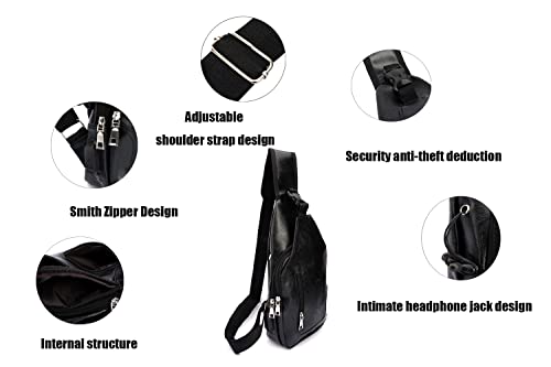 D.LerBung Men's Sling Bag Leather Chest Shoulder Backpack Water Resistant Anti Theft Crossbody Bag with USB Charge Port Black