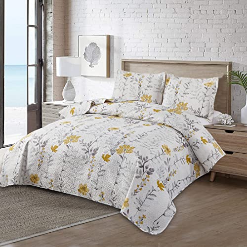Quilt Set Queen Floral Bedspread Coverlet Queen Floral Quilts Bedding Spring Summer Lightweight Quilts Bedspread Reversible Bedding Grey Leaf Yellow Floral Quilt Collection Bedspread with Pillow Shams