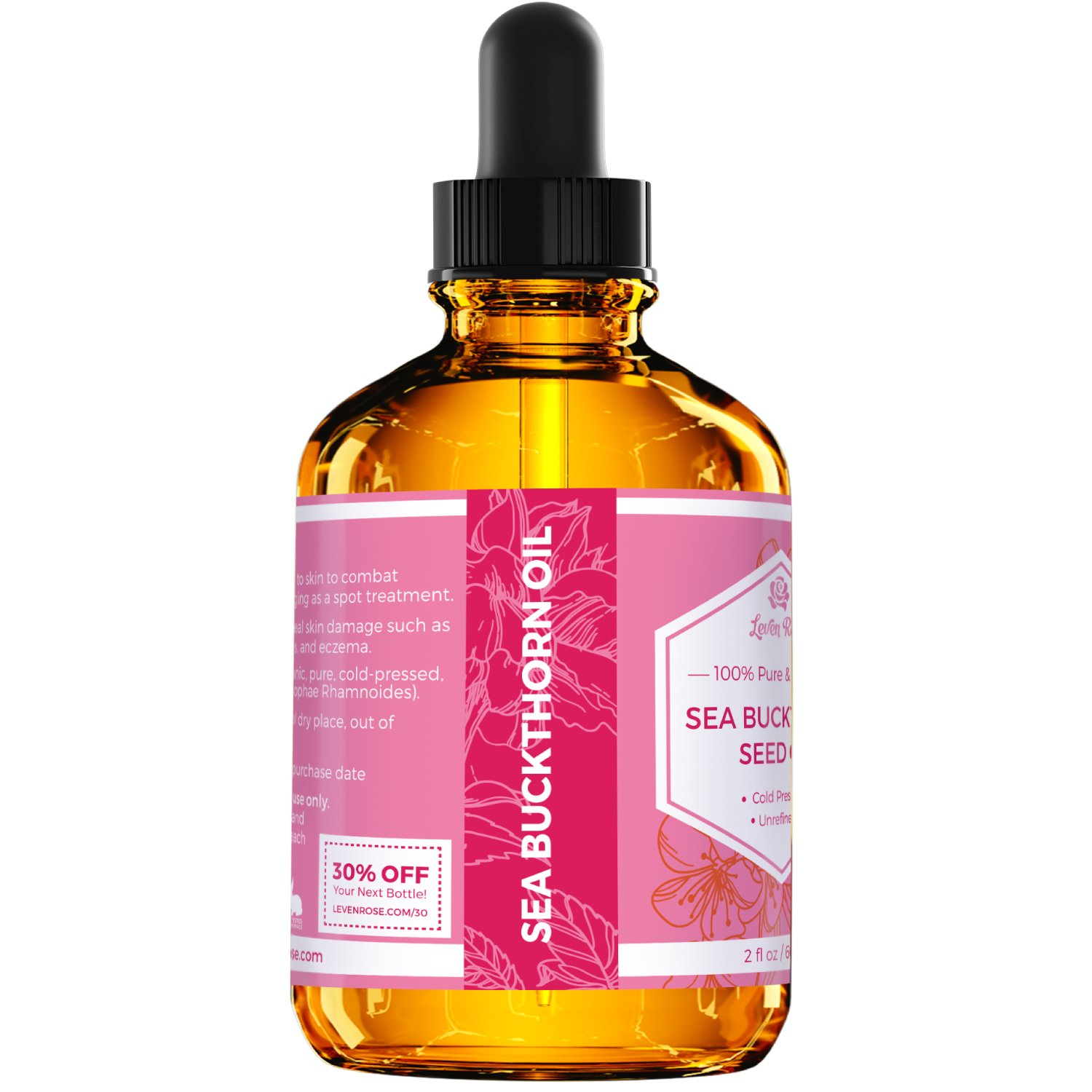 Leven Rose Sea Buckthorn Seed Oil, 100% Pure Unrefined Cold Pressed for Hair Skin and Nails (2 oz)