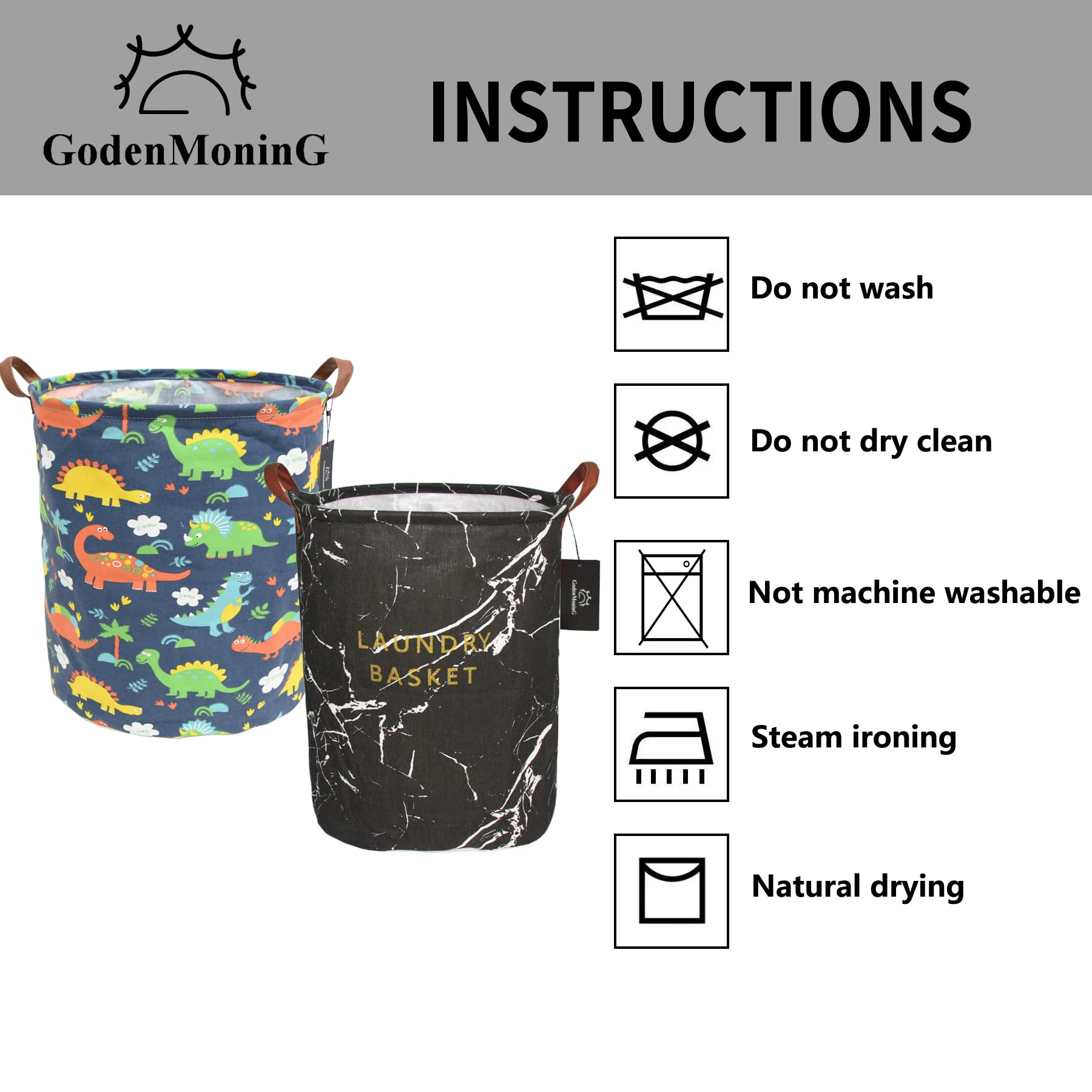 Collapsible Laundry Basket,GodenMoninG 2X 62.8L Large Sized Round Waterproof Storage Bin with Leather Handles,Toy Organizer,Children Nursery Hamper.(2 PACKS,Black Marbling & Blue Dinosaurs)