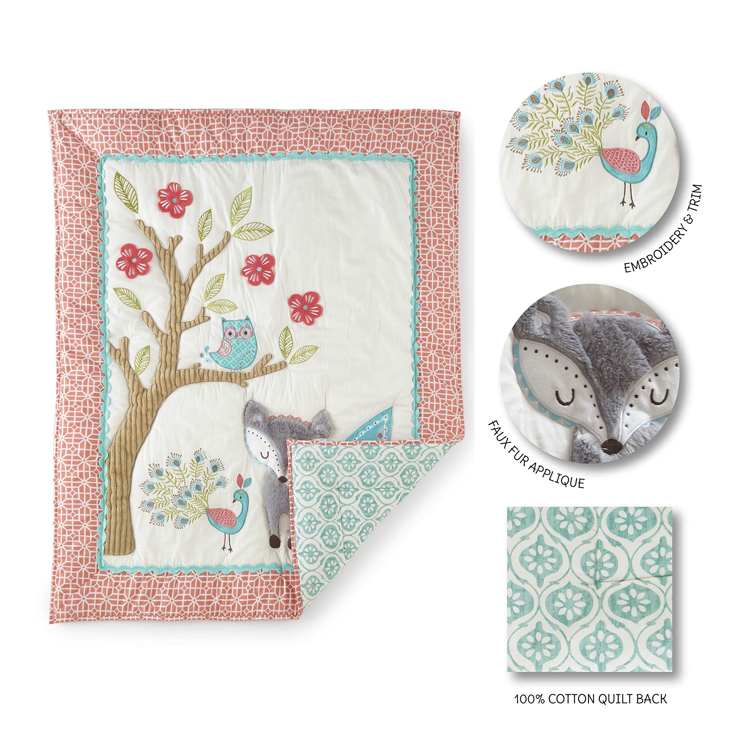 Levtex Baby - Fiona Crib Bed Set - Baby Nursery Set - Pink, Teal, and White - Woodland Forest Theme - 5 Piece Set Includes Quilt, Two Fitted Sheets, Wall Decal & Skirt/Dust Ruffle