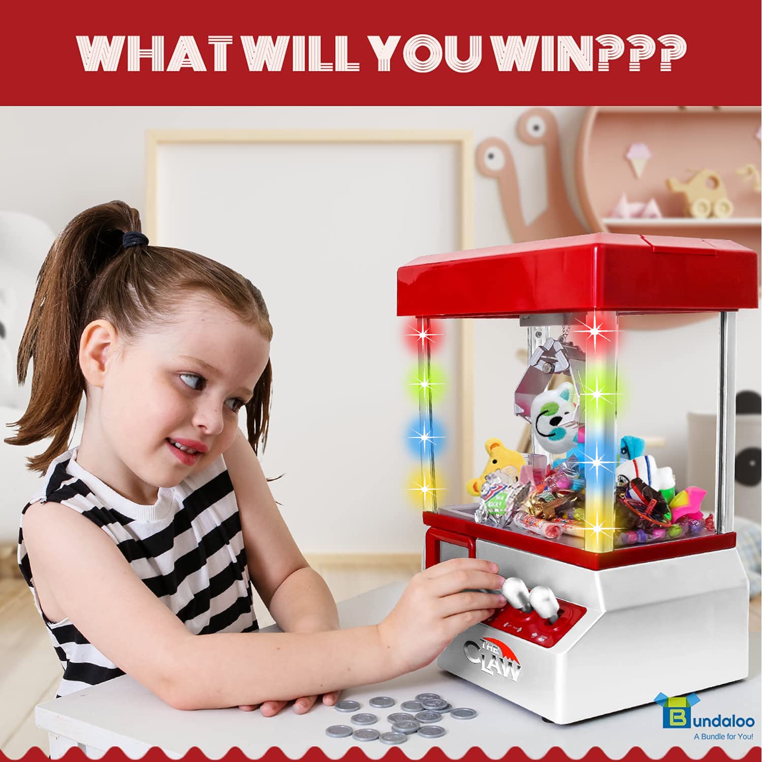 Bundaloo Claw Machine Arcade Game - Electronic Mini Candy and Toy Grabber Dispenser for Kids - with Lights Sound & 4 Mini Plush Animals (Red)