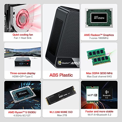 Beelink SER5 Mini PC,AMD Ryzen 5 5500U Processor,up to 4.0 GHz(6C/12T),Mini Computer with 16G DDR4 RAM/500GB M.2 NVMe 2280 SSD,4K FPS/WiFi 6/BT5.2/Three-Screen Display/Auto Power On