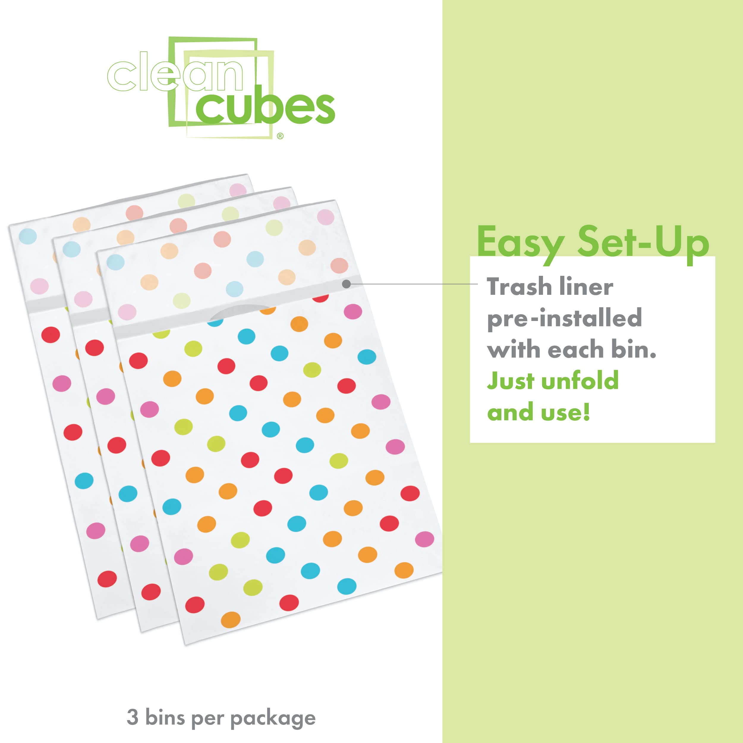 Clean Cubes 30 Gallon Disposable Trash Cans (3-Pack). Reusable Garbage and Recycling Bins for Parties, Events, and More (Polka Dot - 30” Height x 17” Width x 14” Depth)