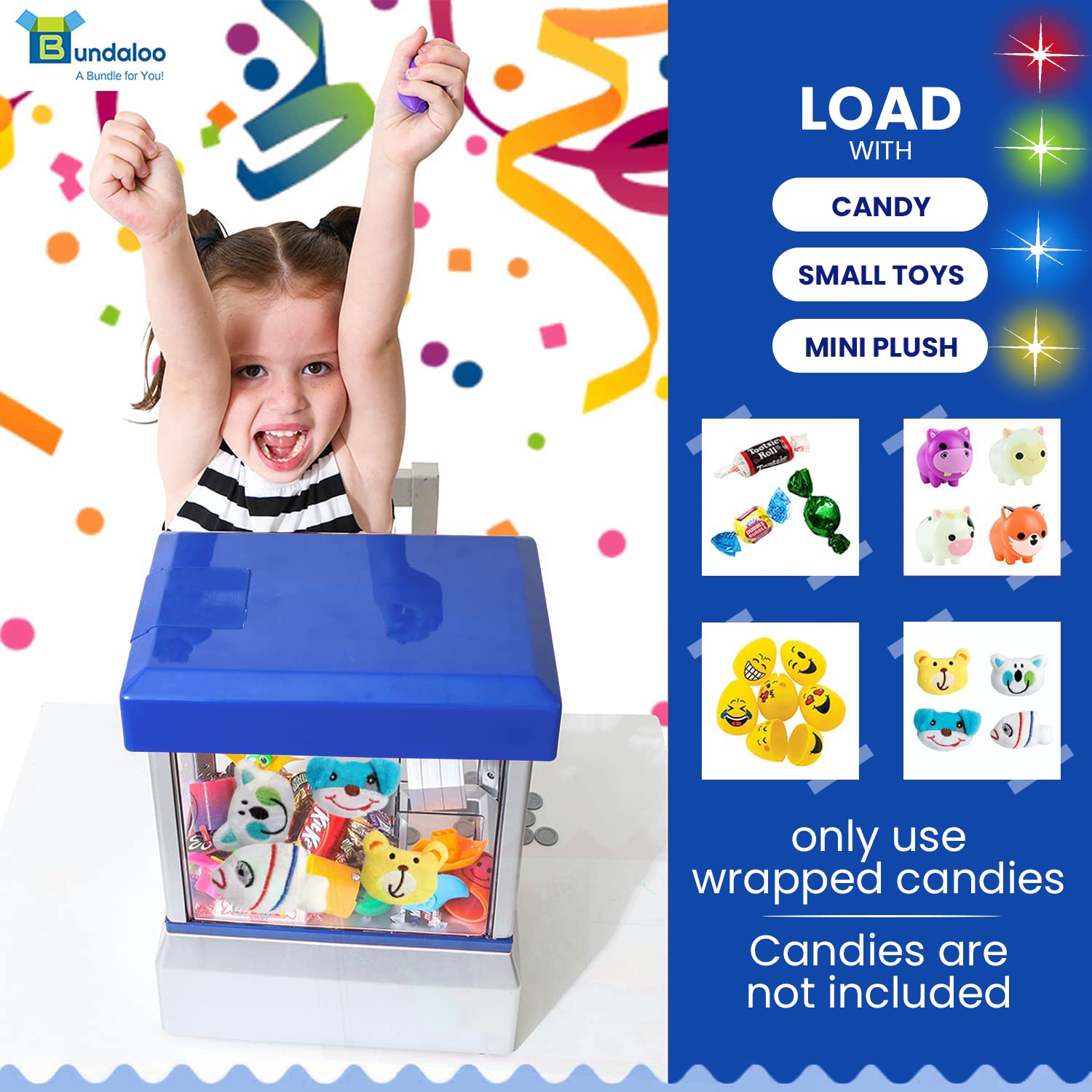 Bundaloo Claw Machine Arcade Game - Electronic Mini Candy and Toy Grabber Dispenser for Kids - with Lights Sound & 4 Mini Plush Animals (Blue)