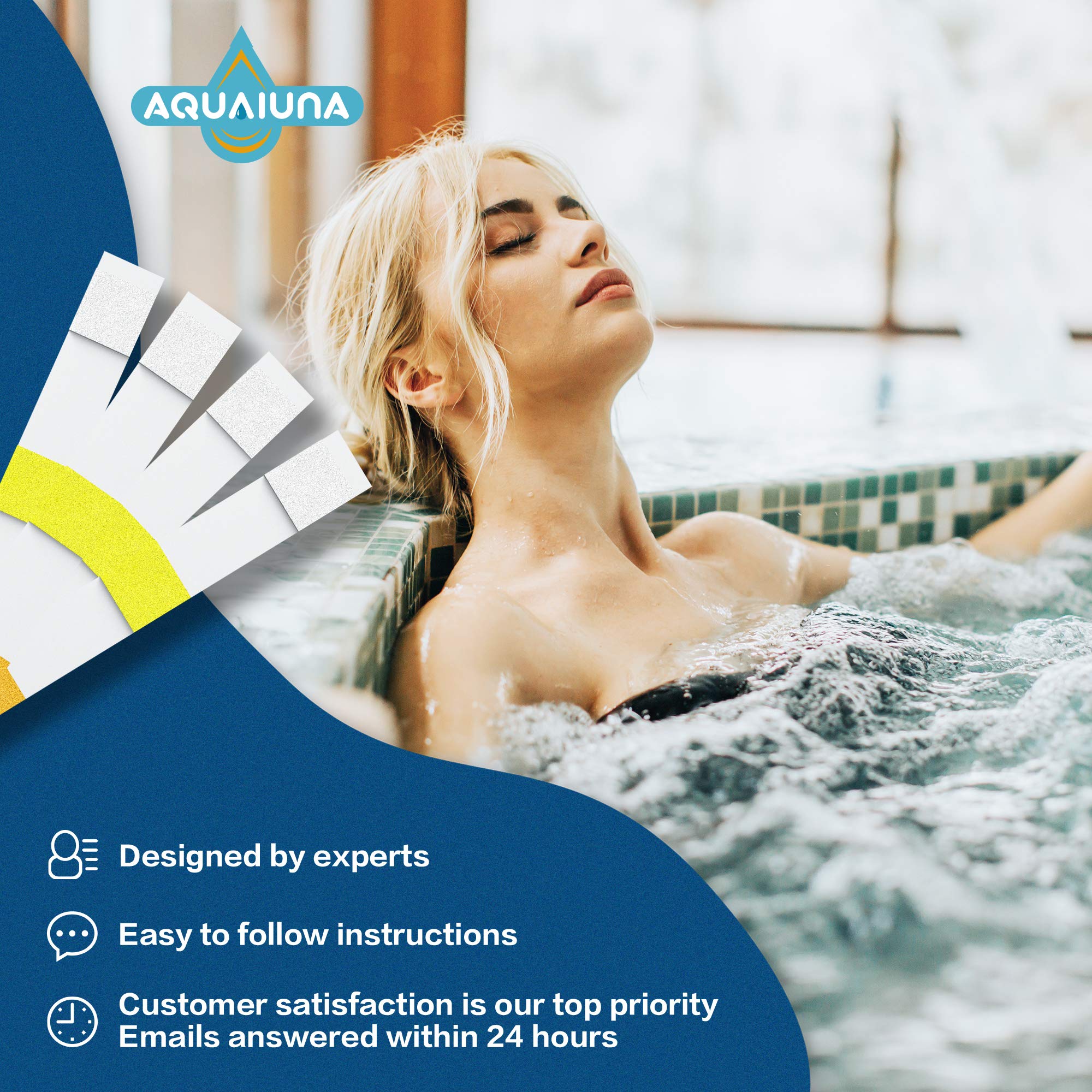 Aqualuna Pool and Spa Test Strips 100 Counts: 3 Way Hot Tub Test Kit Testing for Free Chlorine/Bromine, Total Alkalinity and pH. Easy and Accurate Spa Test Strips for Hot Tub