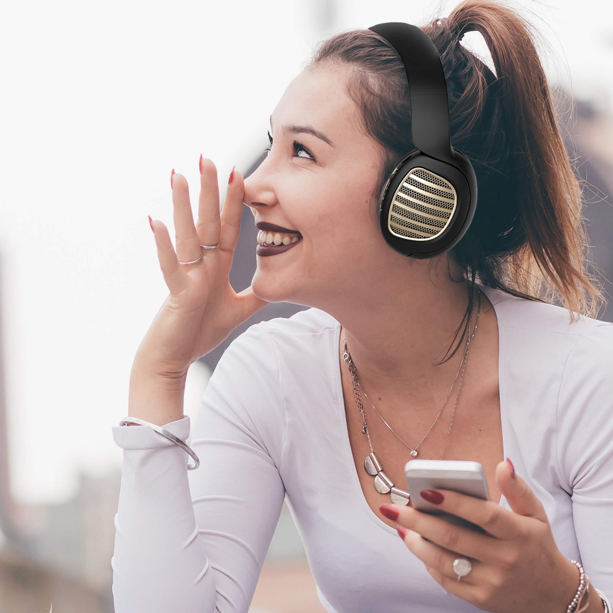 Aduro Rechargeable Wireless Headphones with Microphone Foldable Over The Ear Headphones with Mic Keynote Wireless Headset - Black/Gold