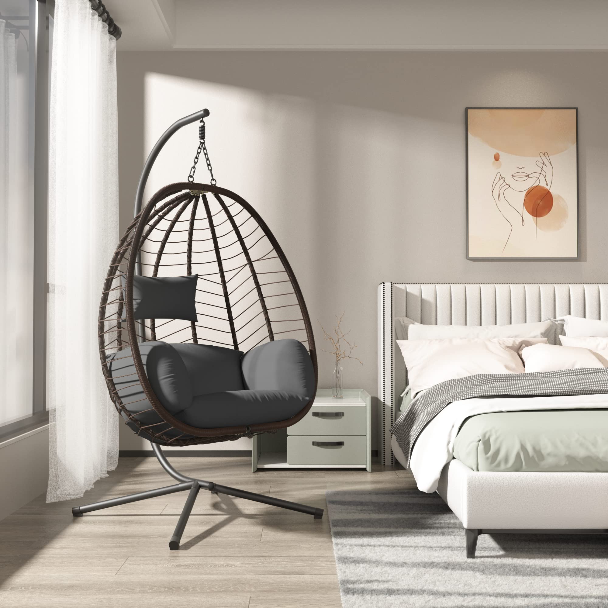 ALAULM Egg Swing Chair Outdoor Indoor Wicker Rattan Hanging Chair with Stand 350lbs Capacity w/Strong Frame & Grey Cushions for Patio Balcony Bedroom