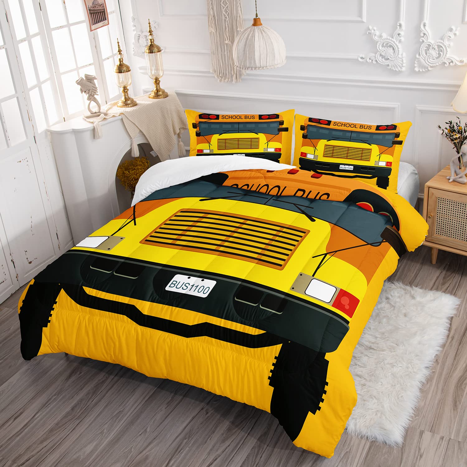 BBchose 3D Cartoon School Bus Bedding Set for Kids,Funny School Bus Ultra Soft All Seasons Comforter Set Cool Car Theme Bed Set 1 Comforter 2 Pillowcases (Queen)