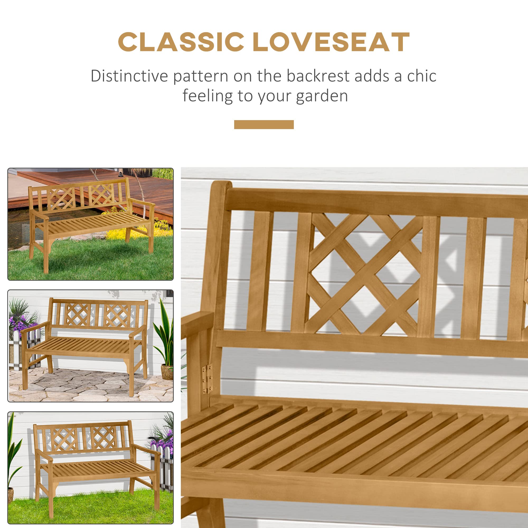 Outsunny 4FT Wooden Outdoor Garden Bench for 2, Portable Folding Loveseat 2-Seater Chair with Backrest, Armrests and Slat Seat, Natural