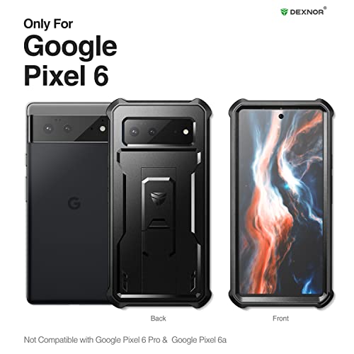 Dexnor for Google Pixel 6 Case, [Built in Screen Protector and Kickstand] Heavy Duty Military Grade Protection Shockproof Protective Cover for Google Pixel 6 5G (Black)