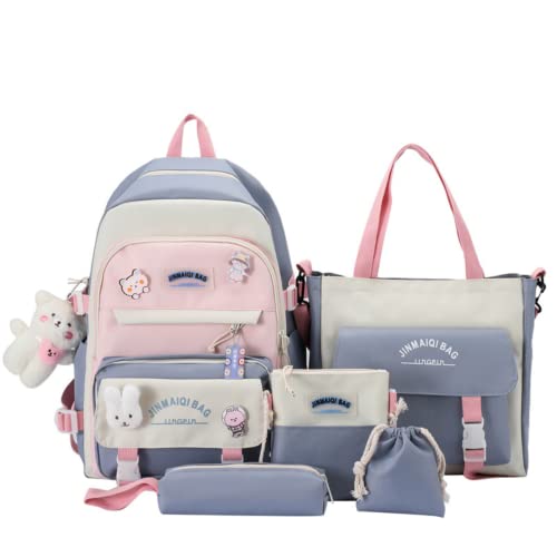 DAHUOJI Kawaii Backpack Set 5pcs Aesthetic Backpack for School Teens Girls Daypack Large with Pendants and Pins, Pen Case, Tote Bag, Small Bag(Blue)