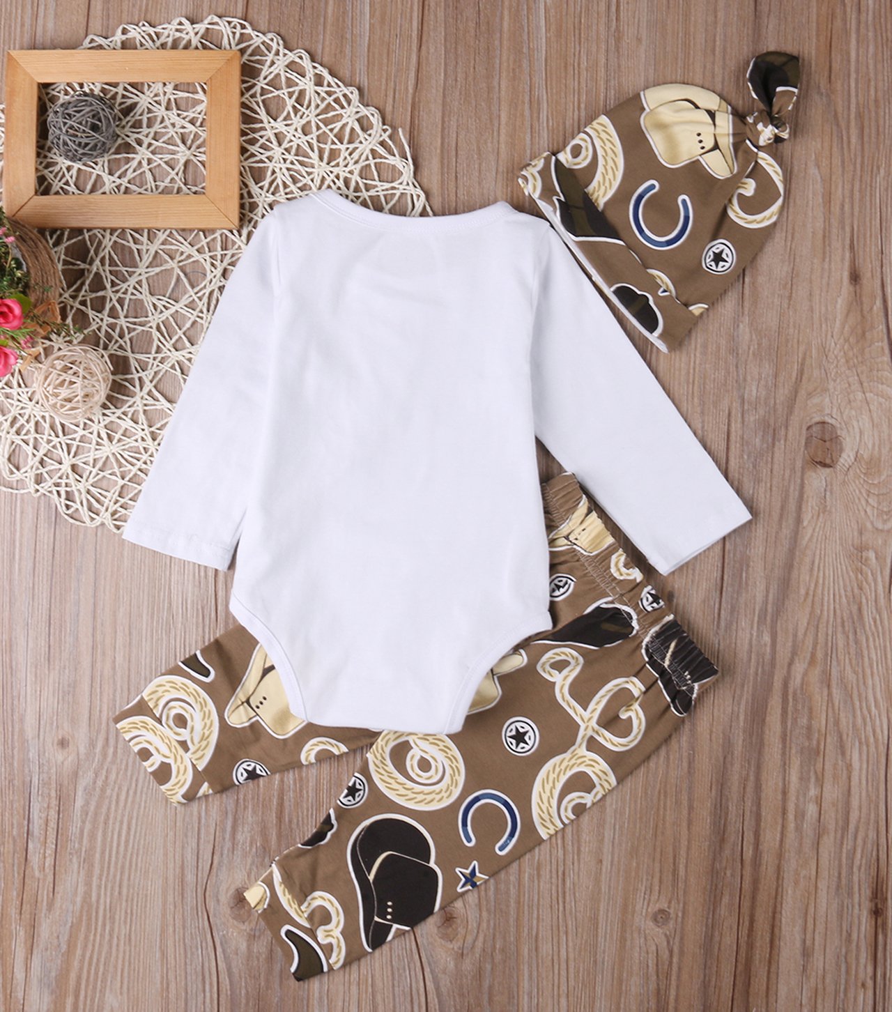 Lily.Pie Newborn Baby Boys Funny Bodysuits with Leggings Caps 3pcs Outfit Clothes (3-6M, Brown)