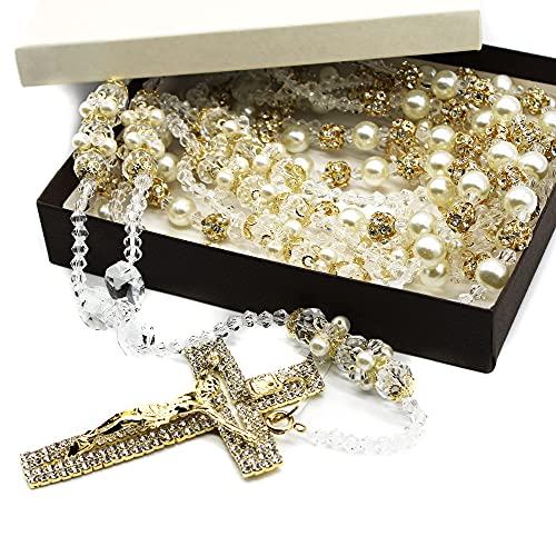 Cana Collection Wedding Lasso Rosary Lazo de Bodas Handcrafted Lasso, Great Wedding Gift Beautiful Christian Catholic Wedding Tradition for Brides and Grooms,Pearl Beads and Crystals Gold