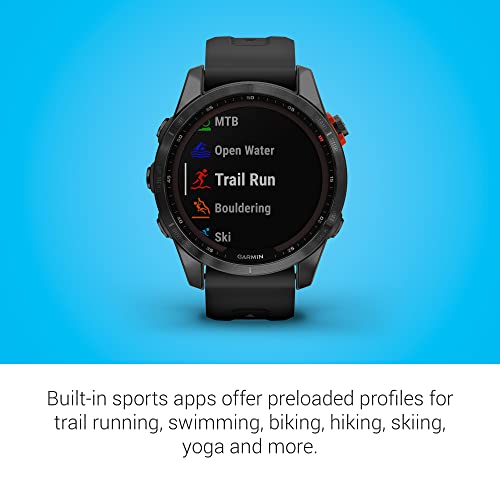 Garmin fenix 7S Solar, Smaller sized adventure smartwatch, with Solar Charging Capabilities, Rugged outdoor watch with GPS, touchscreen, health and wellness features, slate gray with black band