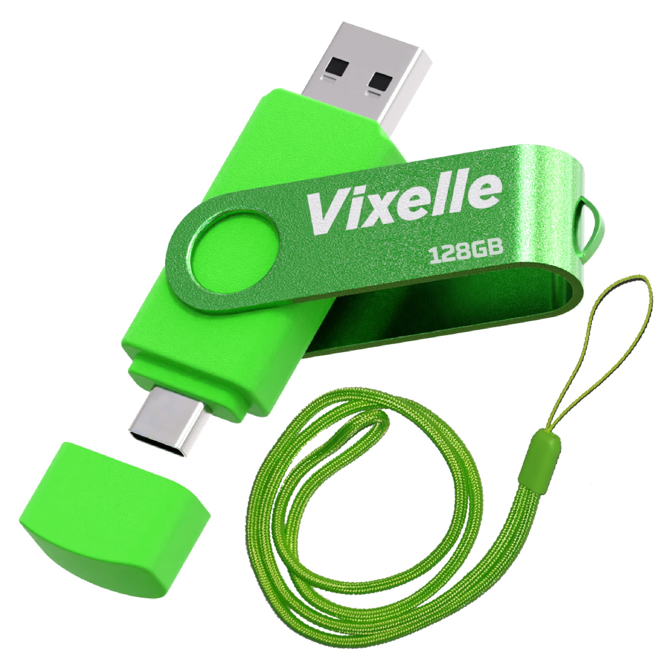 Vixelle 128GB High Speed USB 3.0 Type-C Flash Drive with Lanyard – 2in1 Dual USB C Memory Stick - 360° Swivel Pen Drive with Keychain Loop – 128GB USB Stick for Smartphone, Tablet & Computer - Green