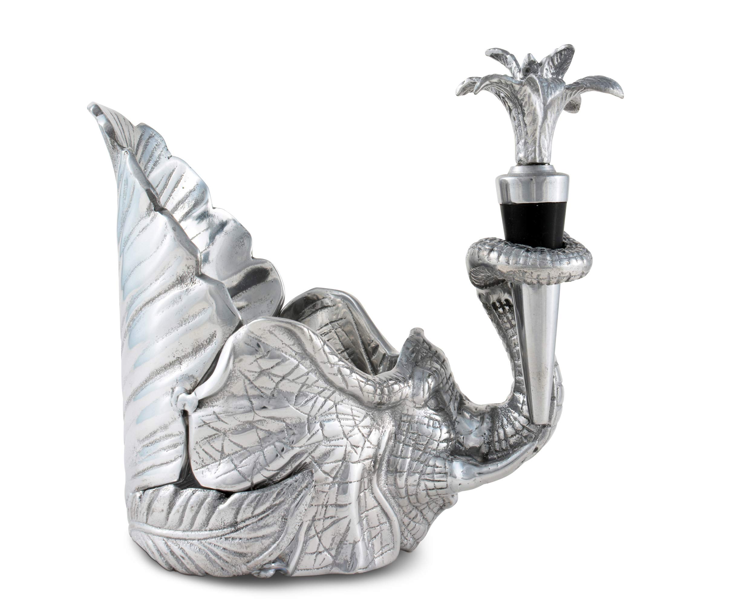 Arthur Court Aluminum Metal Elephant Wine Coaster and Stopper Set Sand casted Artisan Metal 4.5 inch Diameter Coaster 7 inch Tall