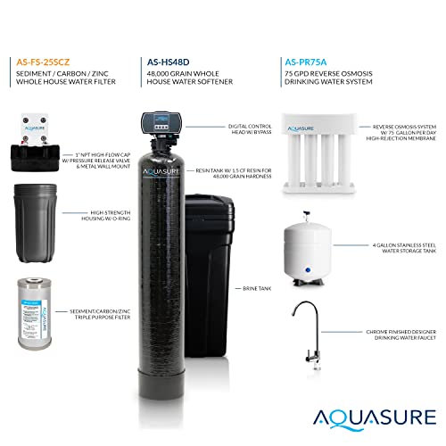 Aquasure 48,000 Grains Whole House Water Filtration Bundle with Digital Metered Control Softener, Pre-Filters, 75 GPD RO Reverse Osmosis System, Eliminates 99% of Water Contaminants (3-4 bathrooms)