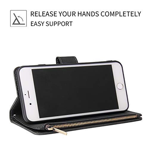 UEEBAI Wallet Case for iPhone SE 2022 5G/iPhone 7/iPhone 8/iPhone SE 2020, Premium PU Leather Magnetic Handbag Zipper Pocket Card Slots with Wrist Strap Flip Case for iPhone SE3/SE2 - Black