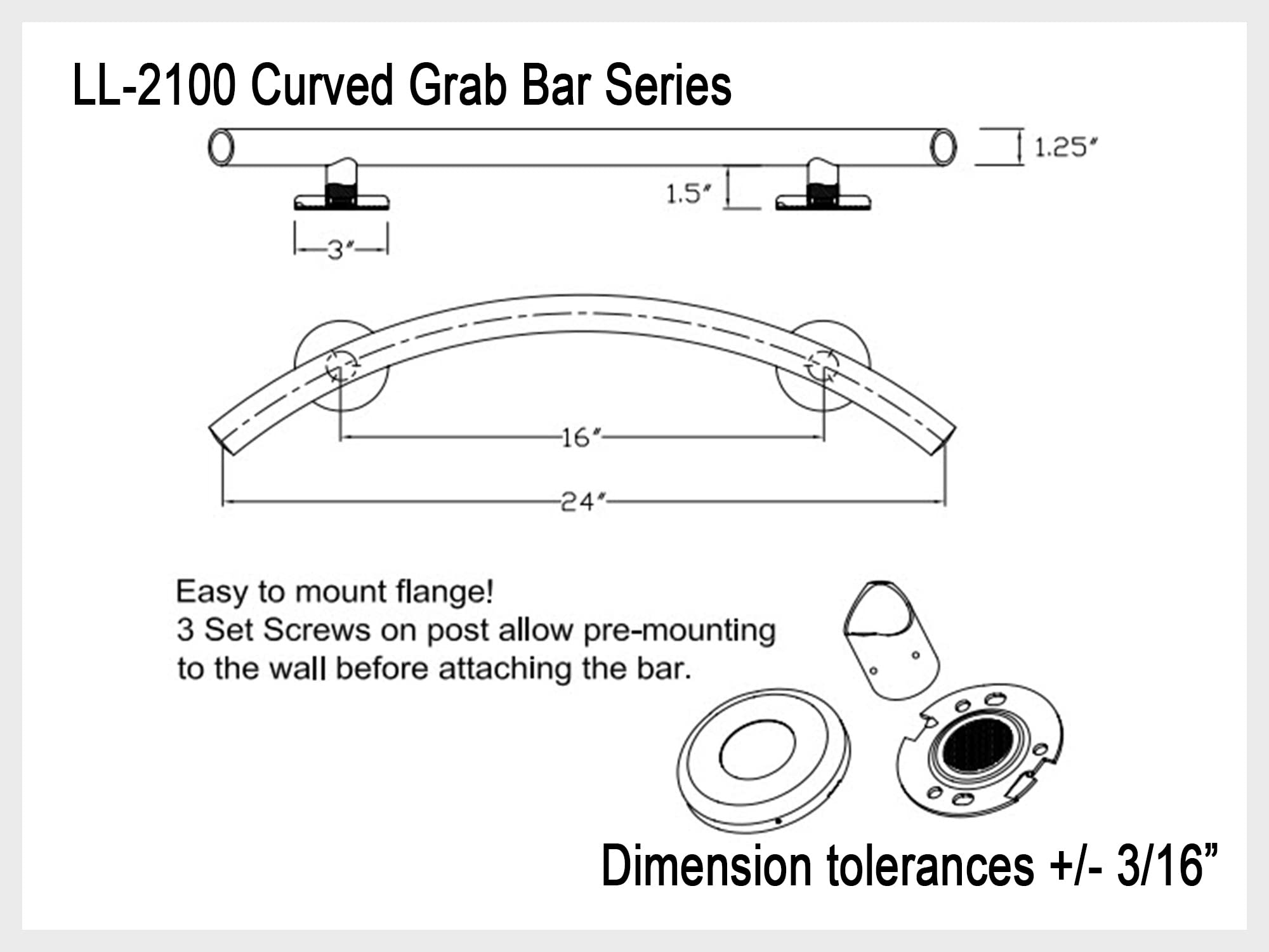 Curved Grab Bar for Bathroom Bathtub Shower Kitchen ADA Safety/304 Stainless/Brush Finish/ 24" x 3"