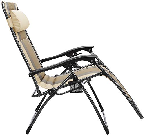 Amazon Basics Outdoor Adjustable Zero Gravity Folding Reclining Lounge Chair With Pillow, Beige, 65" D x 44.1" W x 29.5" H