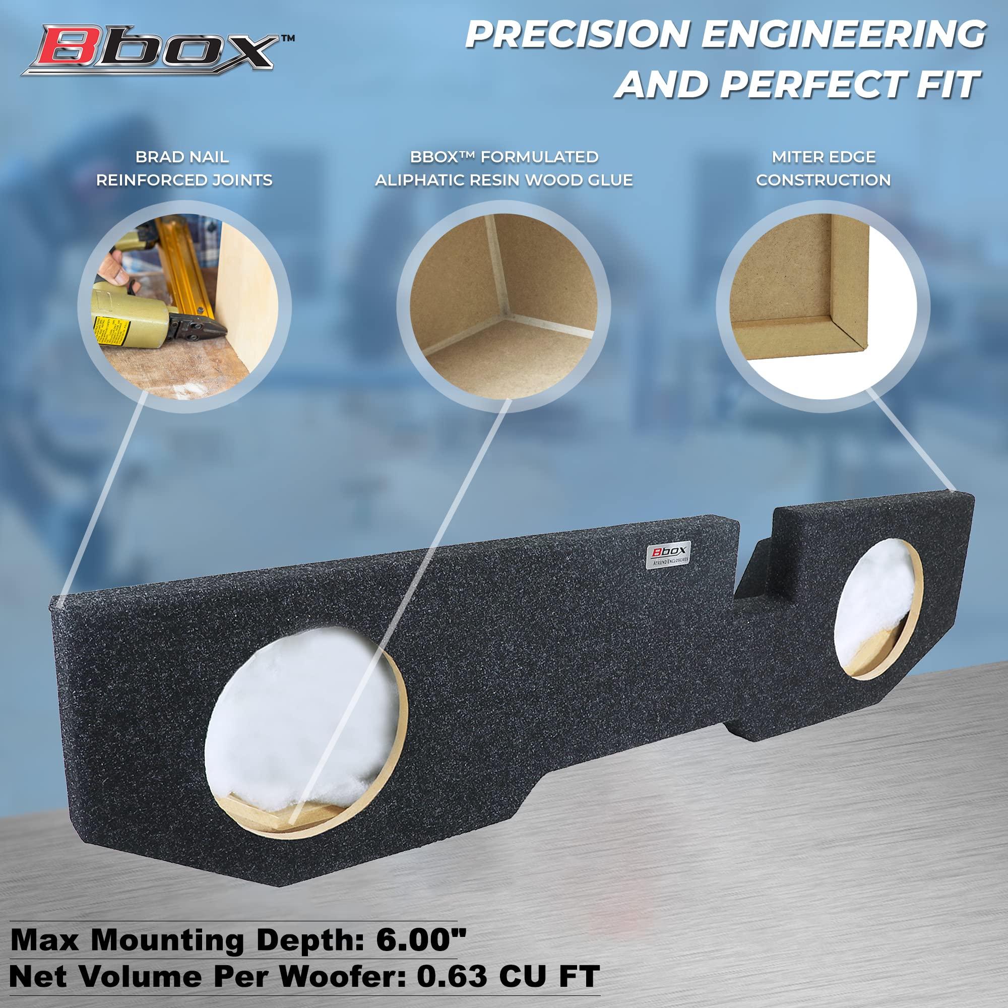 Bbox Dual 12 Inch Subwoofer Sealed Enclosure - Fits 2002 - 2018 Dodge Ram Quad Cab - Carpeted Car Subwoofer Boxes & Enclosures - Subwoofer Box Improves Audio Quality, Sound and Bass - Charcoal