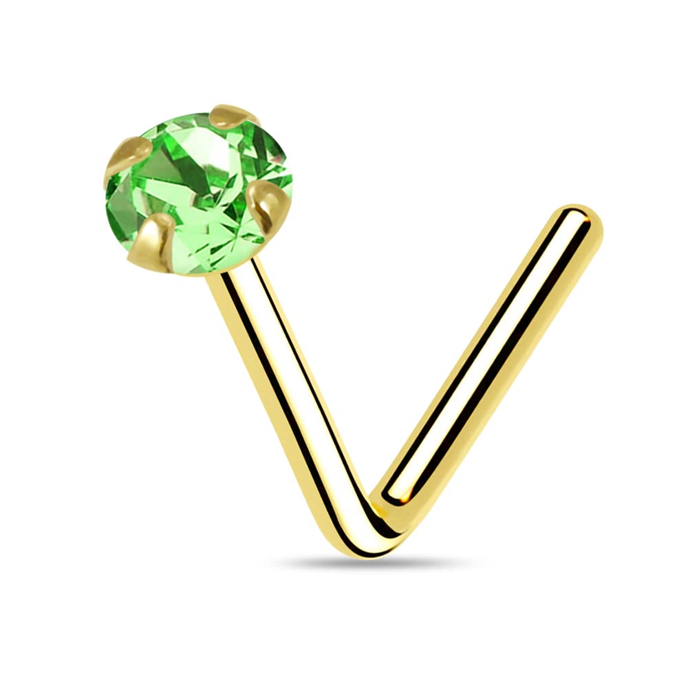 9 Karat Yellow Gold Claw Set 2.5MM Peridot Round Crystal Stone 22 Gauge L Shape Nose Stud Piercing Jewelry