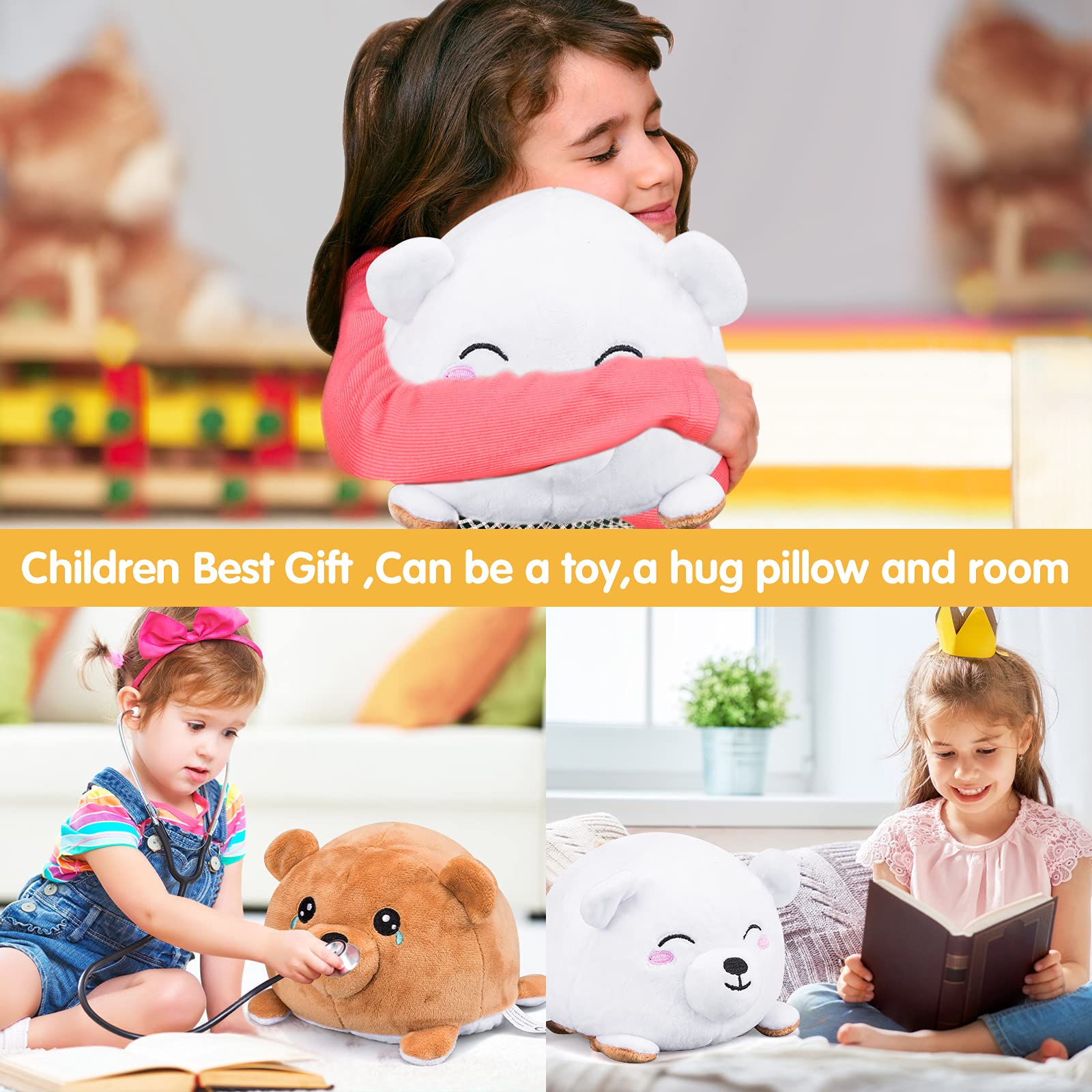 Double-Sided Flip Plush Toy,Reversible Stuffed Animal Mood Plush Flip Show Your Mood at All Times (Bear)