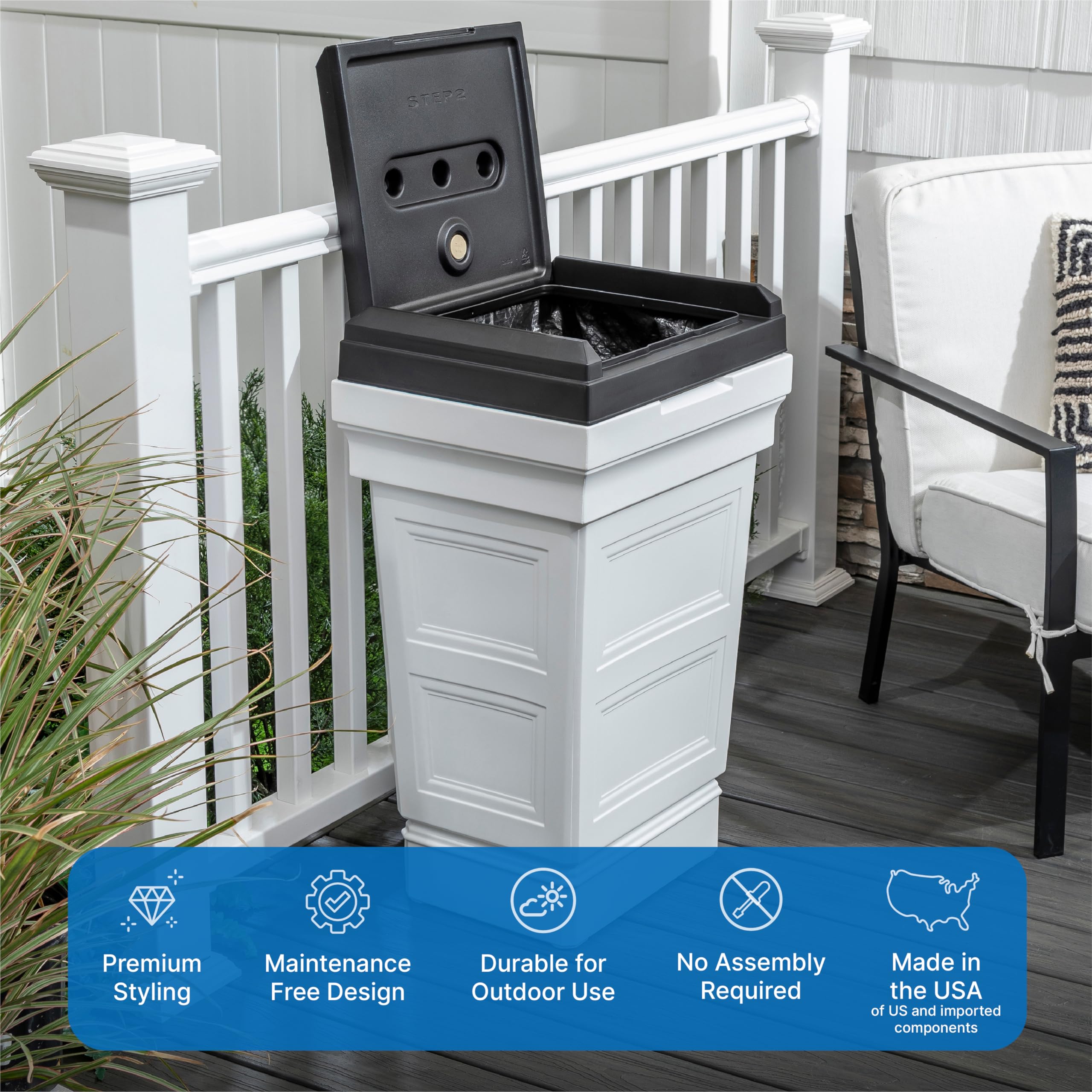 Step2 Atherton Large Garbage Container, Indoor/Outdoor Durable & Stylish Trash Can with Lid, Weather-Resistant, Classic White