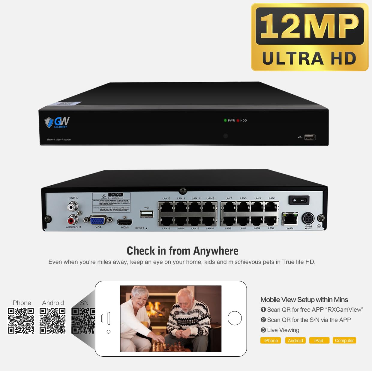 GW Security Smart AI 8 Channel 12MP NVR Ultra-HD 4K PoE Security Camera System with 4 x 8MP 2160P Face Recognition/Human/Vehicle Detection Outdoor Indoor Surveillance IP Camera, Built-in Microphne