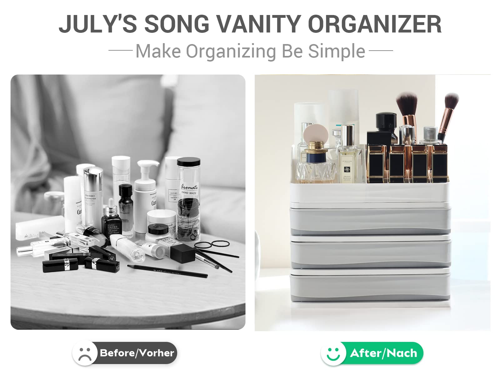 JULY'S SONG Makeup Organizer with Drawers Tray for Cosmetic Storage, Bathroom Countertop Make up Organizers Display Box for Brushes Lipstick Nail