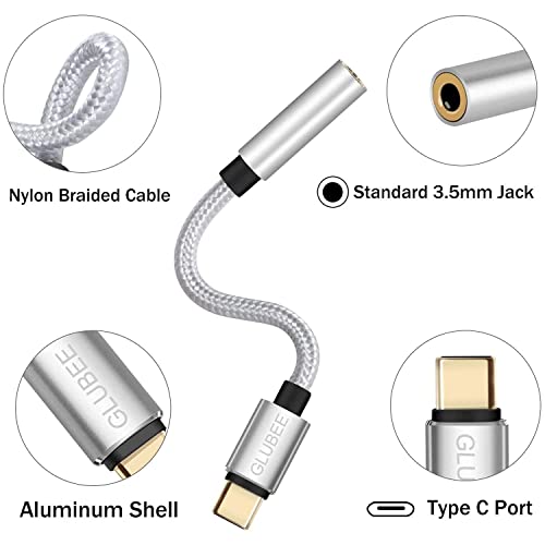 GLUBEE USB C to 3.5mm Audio Adapter 96 KHz Hi-Res Type C to 3.5mm DAC of Type C to Aux Compatible with Galaxy X6/F13/S20 FE Pixel 6/5 Pad Pro/MacBook and More USB-C Devices (3 Pcs, Silver)