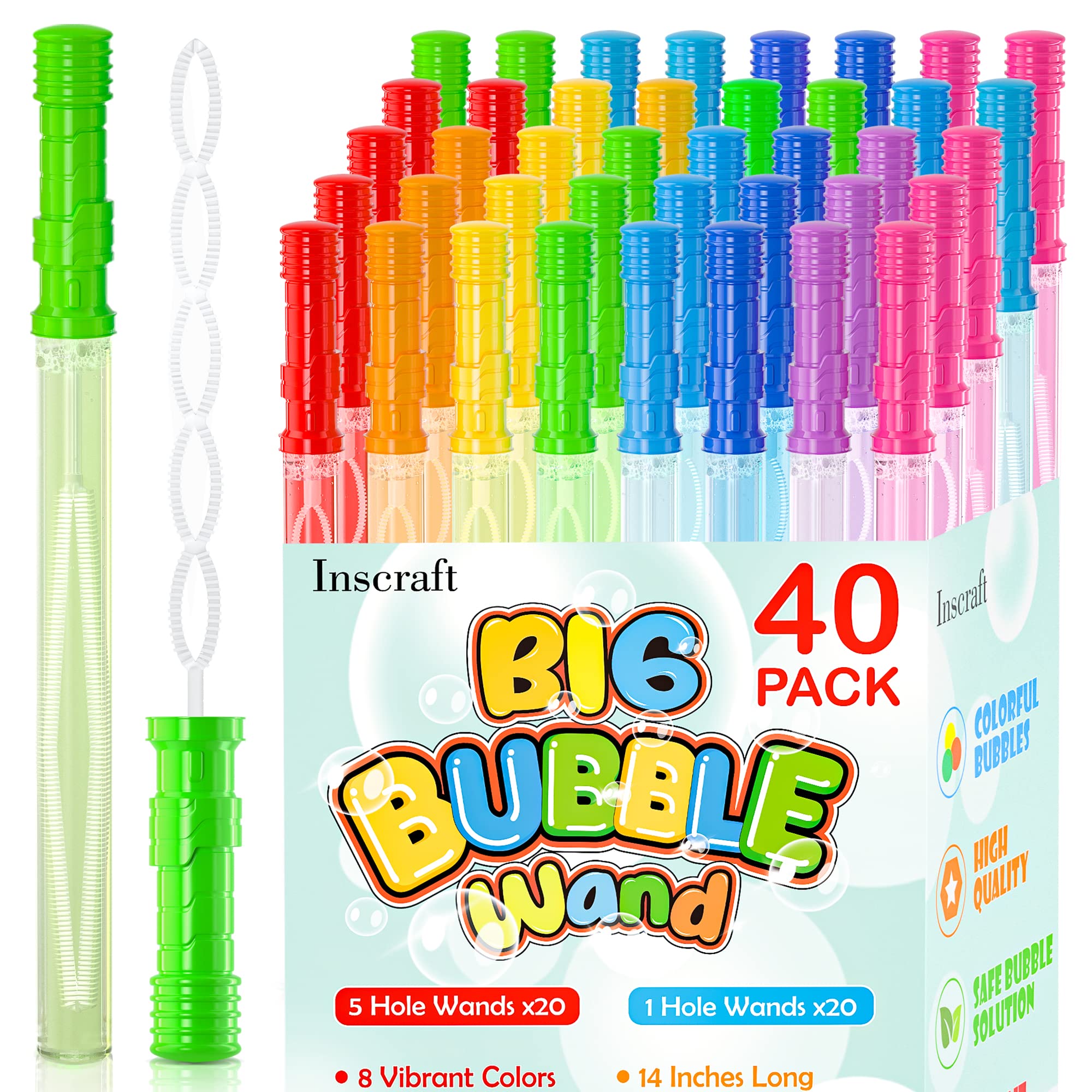 Inscraft 40 Pack 14’’ Big Bubble Wands, 8 Colors Mix Bulk for Summer Toy, Outdoor/Indoor Activity Use, Easter, Birthday, Graduation, Shower, Bubbles Party Favors Supplies for Kids
