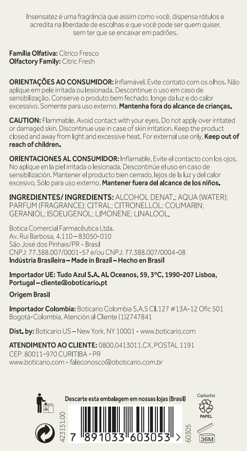 Linha Insensatez Boticario - Colonia 100 Ml - (Boticario Irrationality Collection - Eau De Toilette 3.38 Fl Oz)