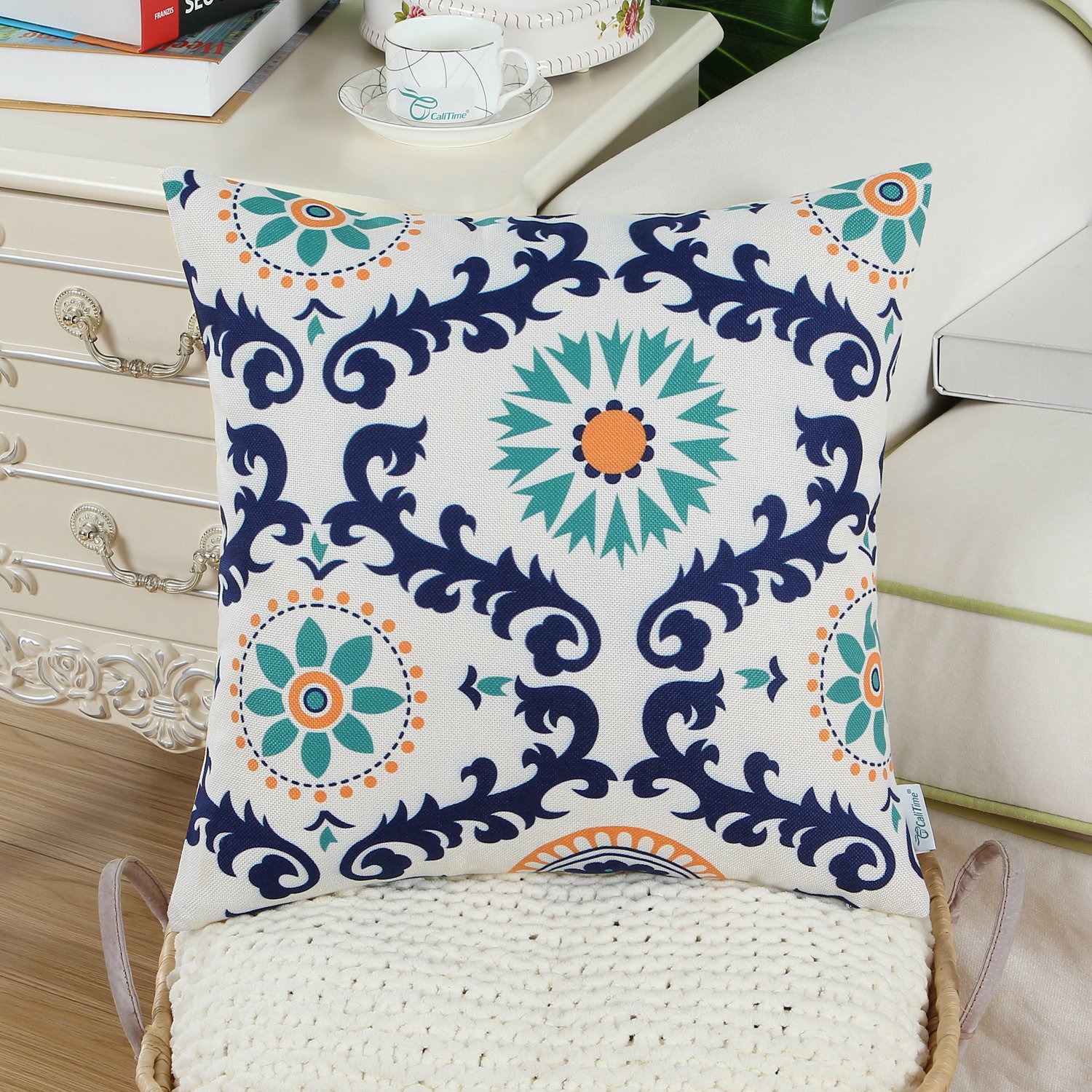 CaliTime Canvas Throw Pillow Cover Case for Couch Sofa Home Decoration Three-Tone Dahlia Floral Compass Geometric 20 X 20 Inches Navy/Teal/Orange