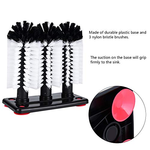 Glass Washer Brush Cleaner, 3 Brushes Bar Glass Cups Washer with Suction Cup Base Water Bottle Cleaning Brush for Bar Kitchen Sink Home Tools