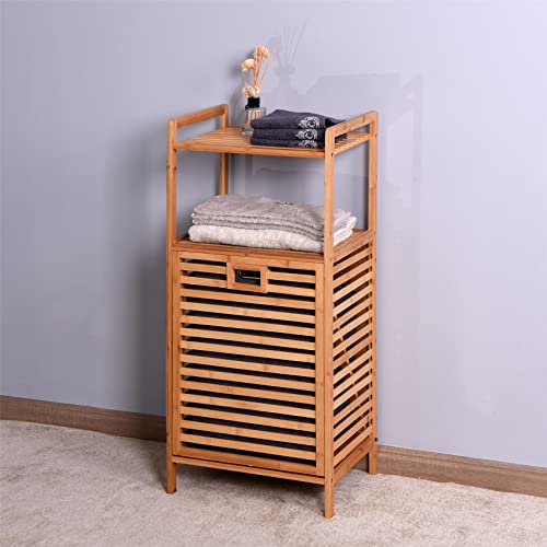 Floor Stand Bamboo Laundry Hamper Cabinet Organizer, Bathroom Storage Shelf Cabinet with Tilt Out Laundry Basket Dirty Clothes Bag for Laundry Room Bathroom Bedroom Closet