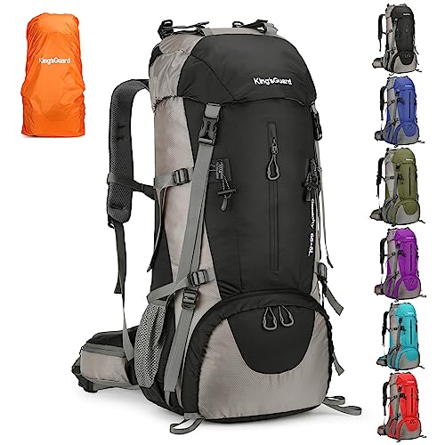 ALFREVER 70L Hiking Backpack, Waterproof Camping Essentials Bag, Lightweight Hiking Backpacking Back Outdoor Travel Pack (gray-black)