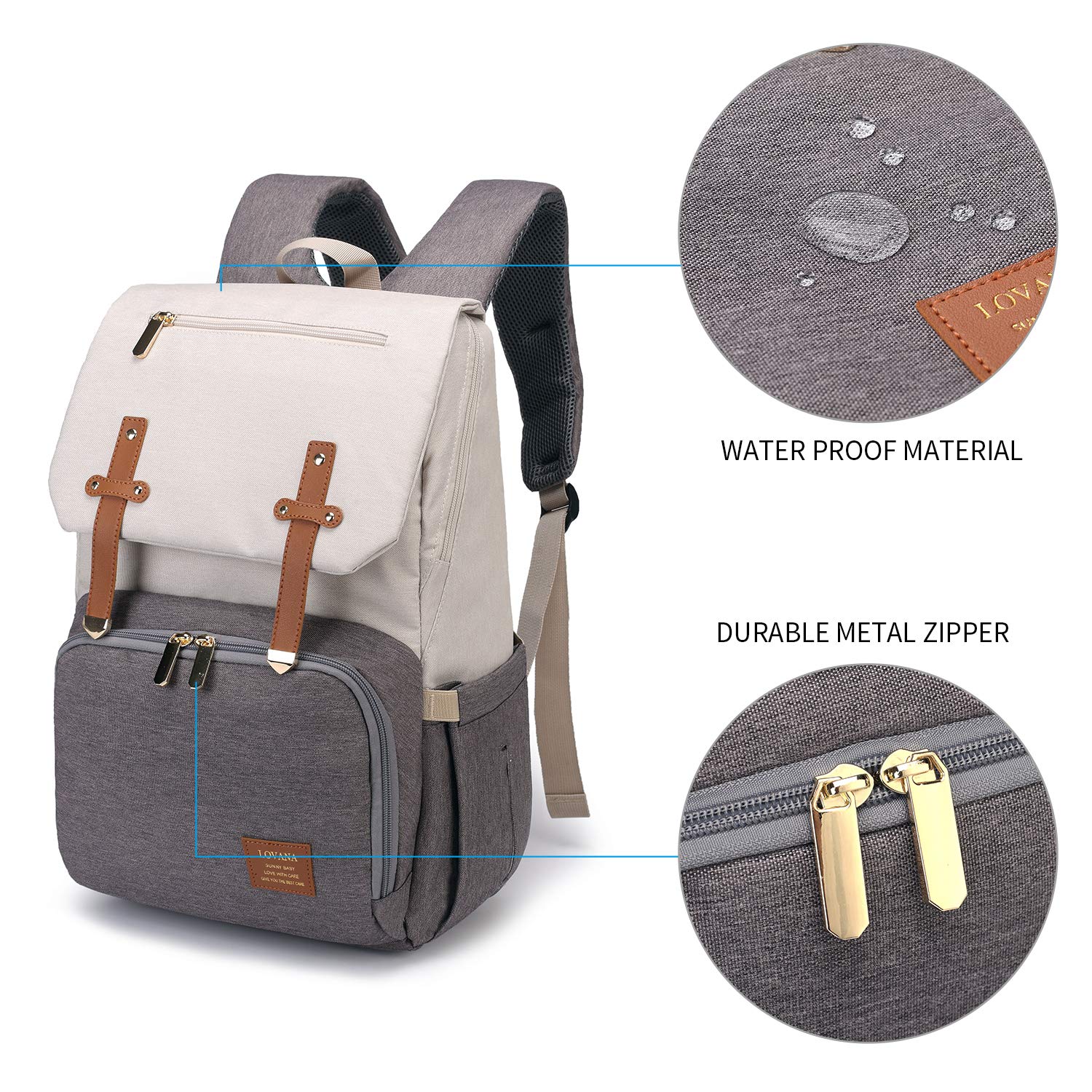 LOVANA Diaper Bag Backpack, Baby Bag, Multi-functional Travel Back Pack, Anti-Water Maternity Nappy Bag Changing Bags with Insulated Pockets Stroller Straps and Built-in USB Charging Port,Beige&Gray