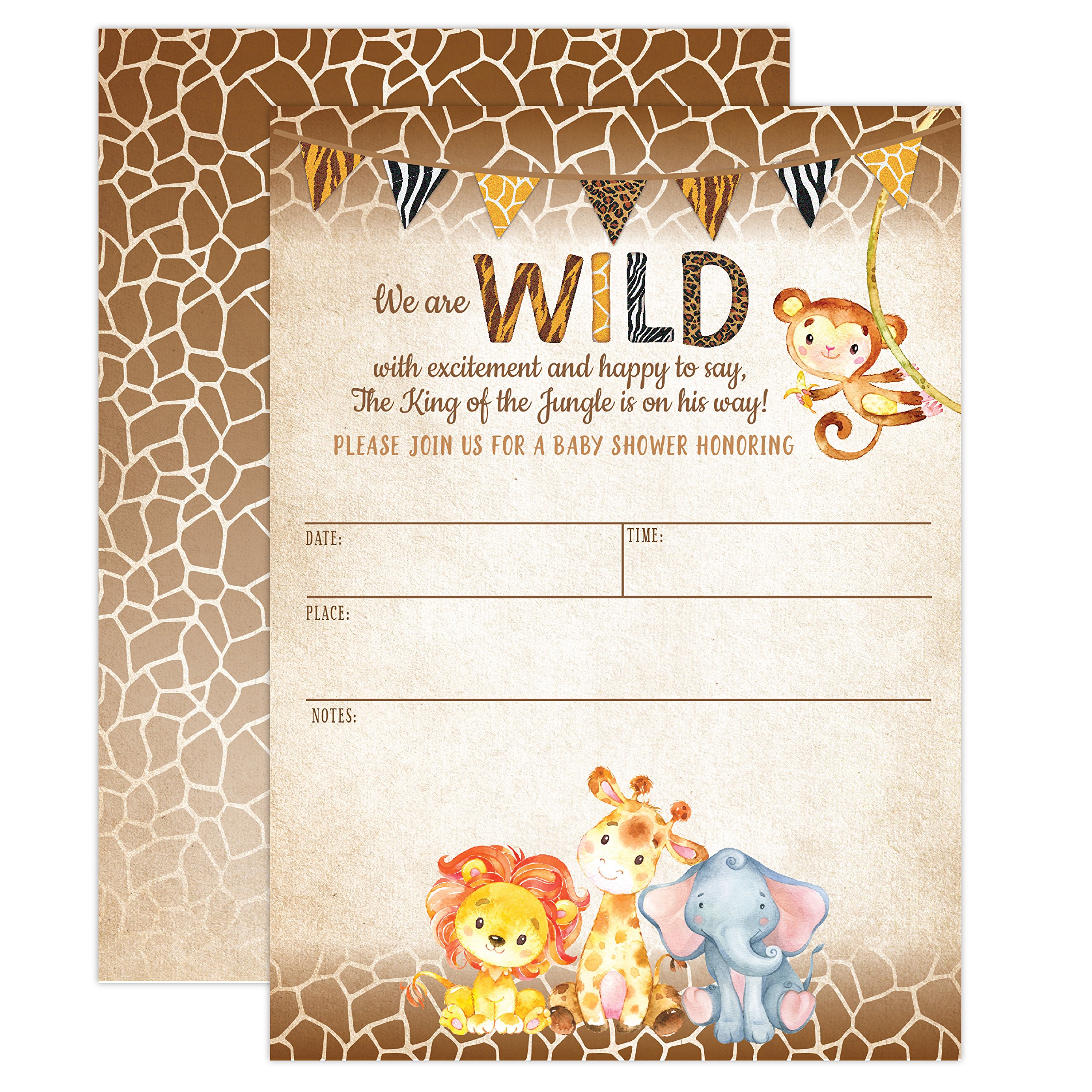 Jungle Safari Baby Shower Invitations - Safari Animal Invitation - 20 Fill-In Invitations and White Envelopes - Boy or Neutral Baby Shower Party - Monkey, Lion, Elephant, Giraffe