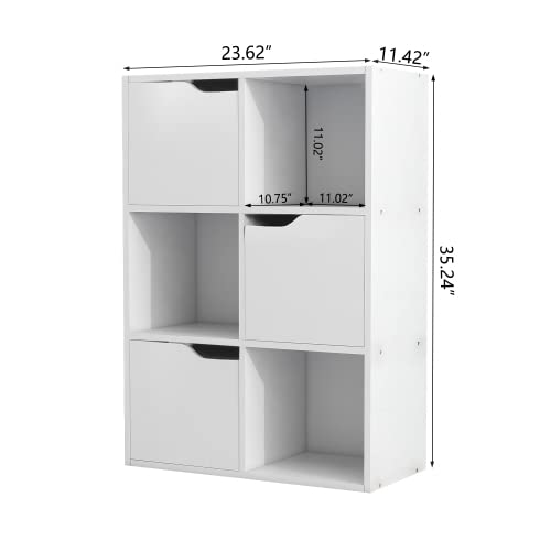 Aybihous3 Storage Bookcase with 6 Cube Organizers,3 Cabinets with Doors and 3 Open Cubes Book Display Shelves 3 Tiers,Storage Case Bookshelf for Living Room/Bedroom/Study/Office/Library,White On-Site