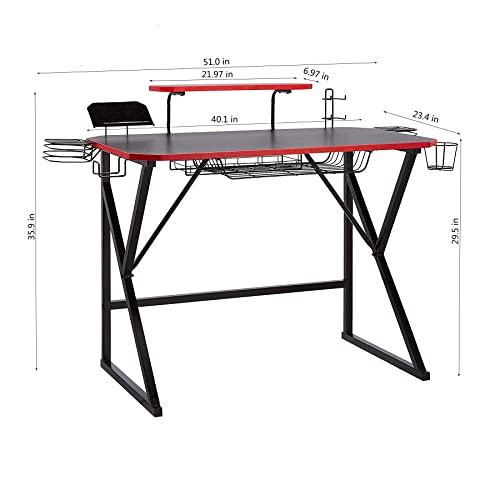 Amazon Basics Rectangular Gaming Computer Desk With Storage For Controller, Headphone & Speaker, Red & Black, 23.4" D x 51" W x 35.9" H